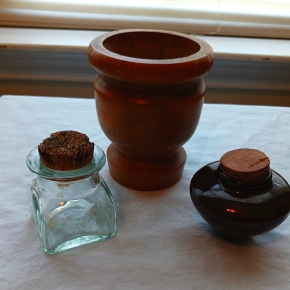 Accents | Wood Mortar Bowl Stoppered Glass Jar And Stoppered Clay Jar ...